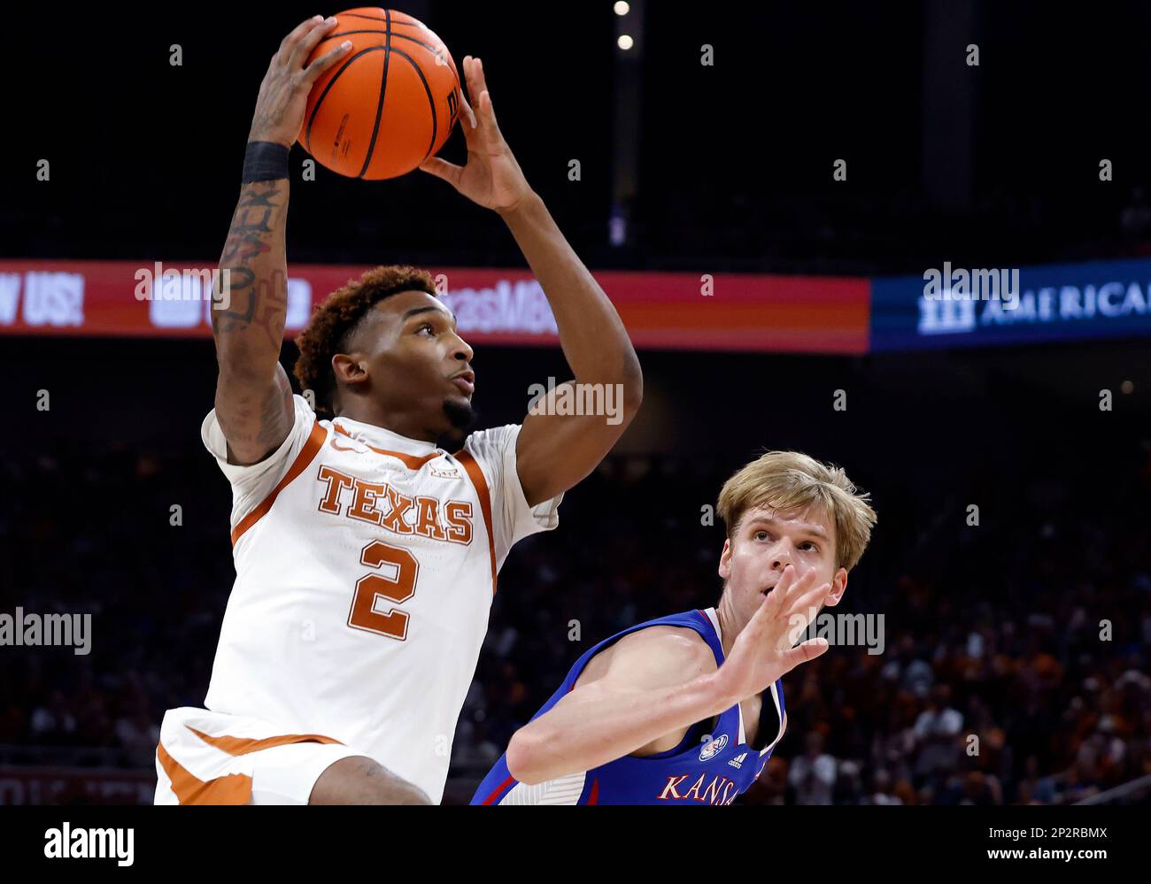 AUSTIN, TX - MARCH 04: Texas Longhorns guard Arterio Morris (2) takes a shot over Kansas ...