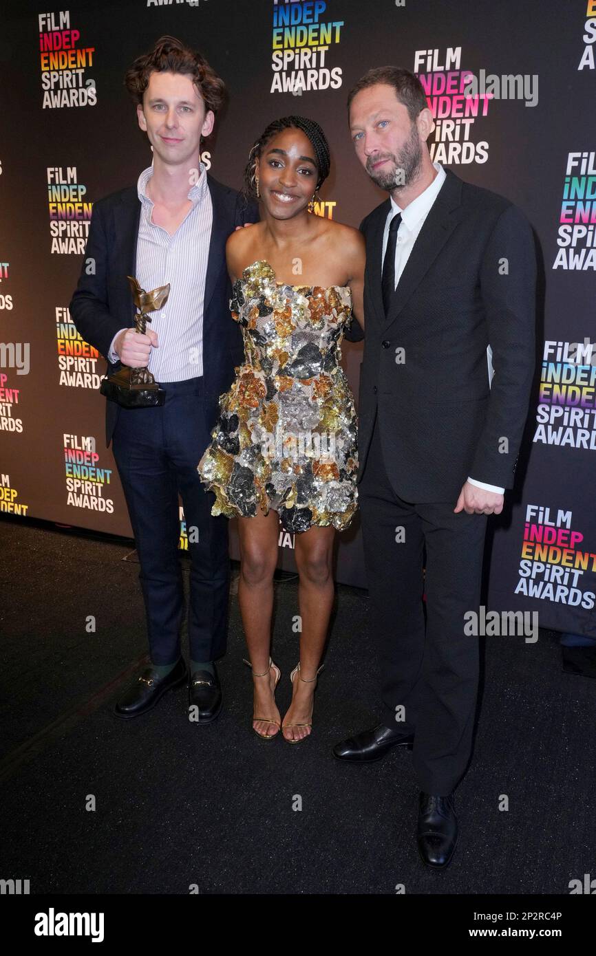 Cooper Wehde, from left, Ayo Edebiri and Ebon Moss-Bachrach pose in the ...