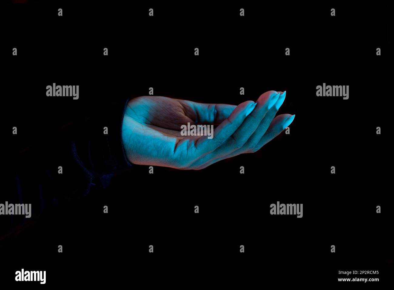Female hand isolated on black background holding empty open palm ...
