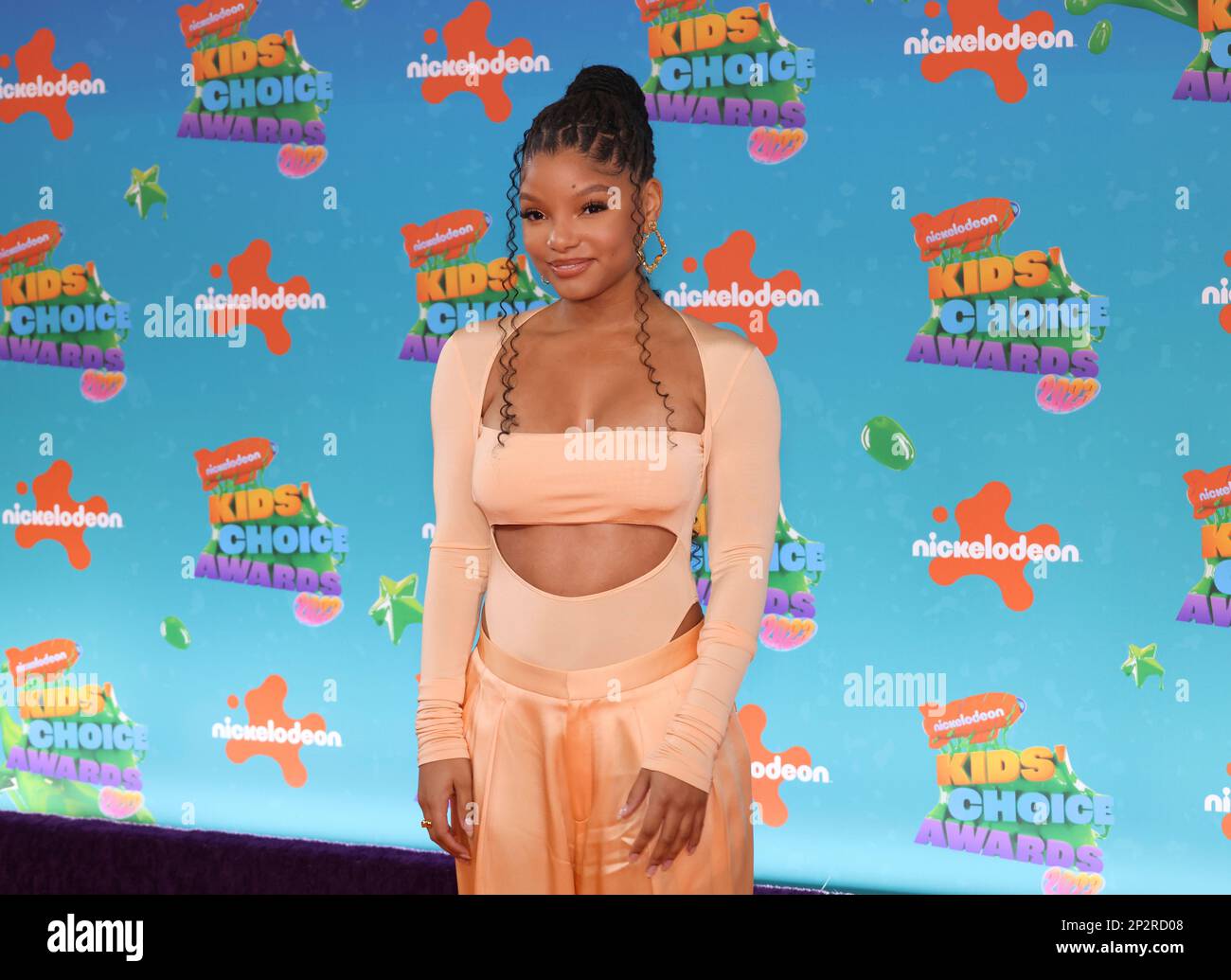 Halle Bailey arrives at the Nickelodeon Kids' Choice Awards on Saturday, March 4, 2023, at ...
