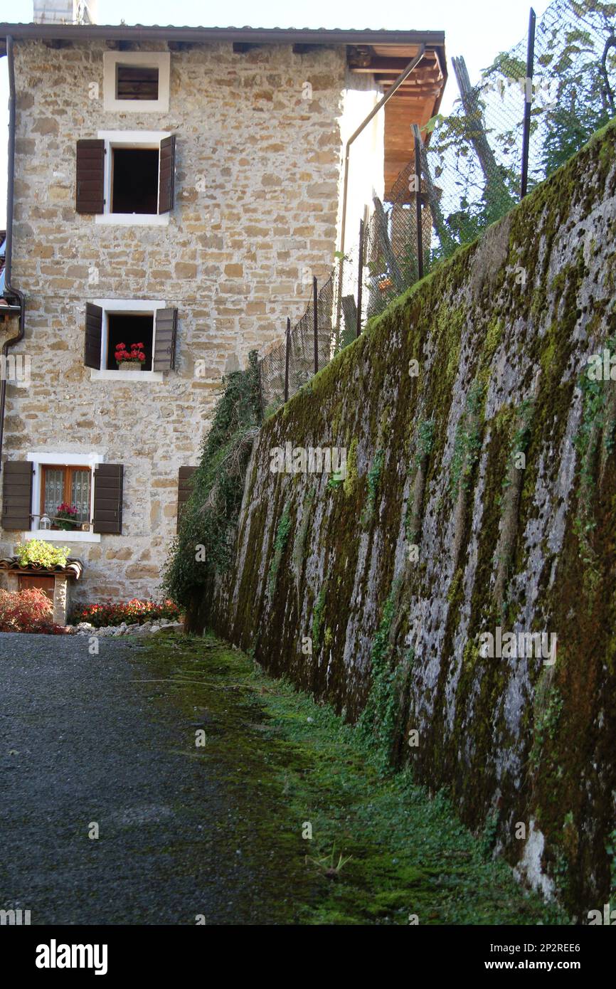 Stone house and wall in the picturesque town of Frisanco, Italy Stock ...
