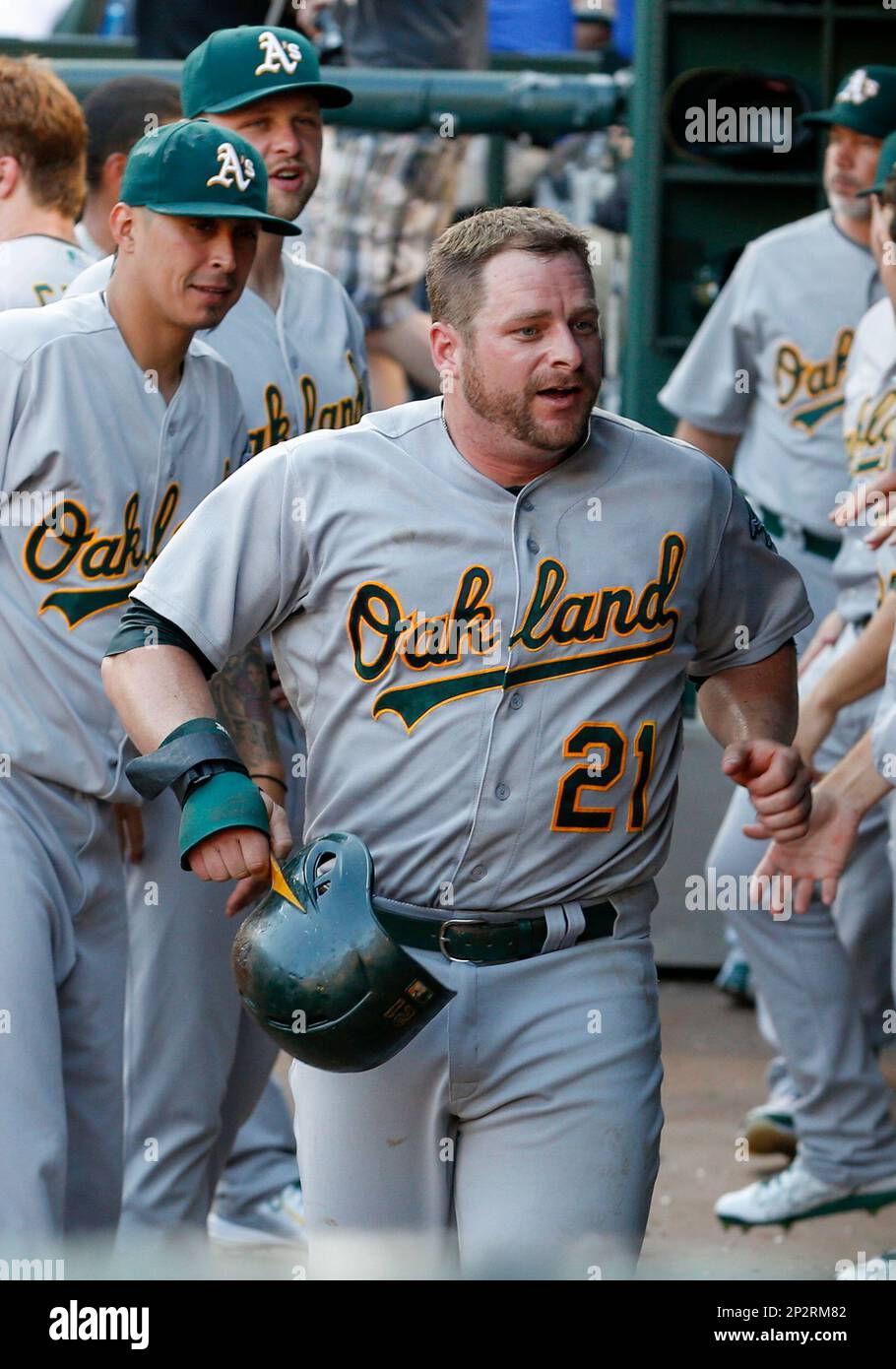 June 24, 2015: Oakland Athletics catcher Stephen Vogt (21) celebrates ...