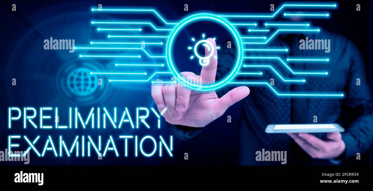 Text caption presenting Preliminary Examination. Business approach ...
