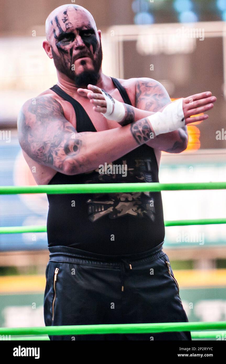 Wrestler Doc Gallows taunts the crowd Sunday, June 21, 2015, during a ...