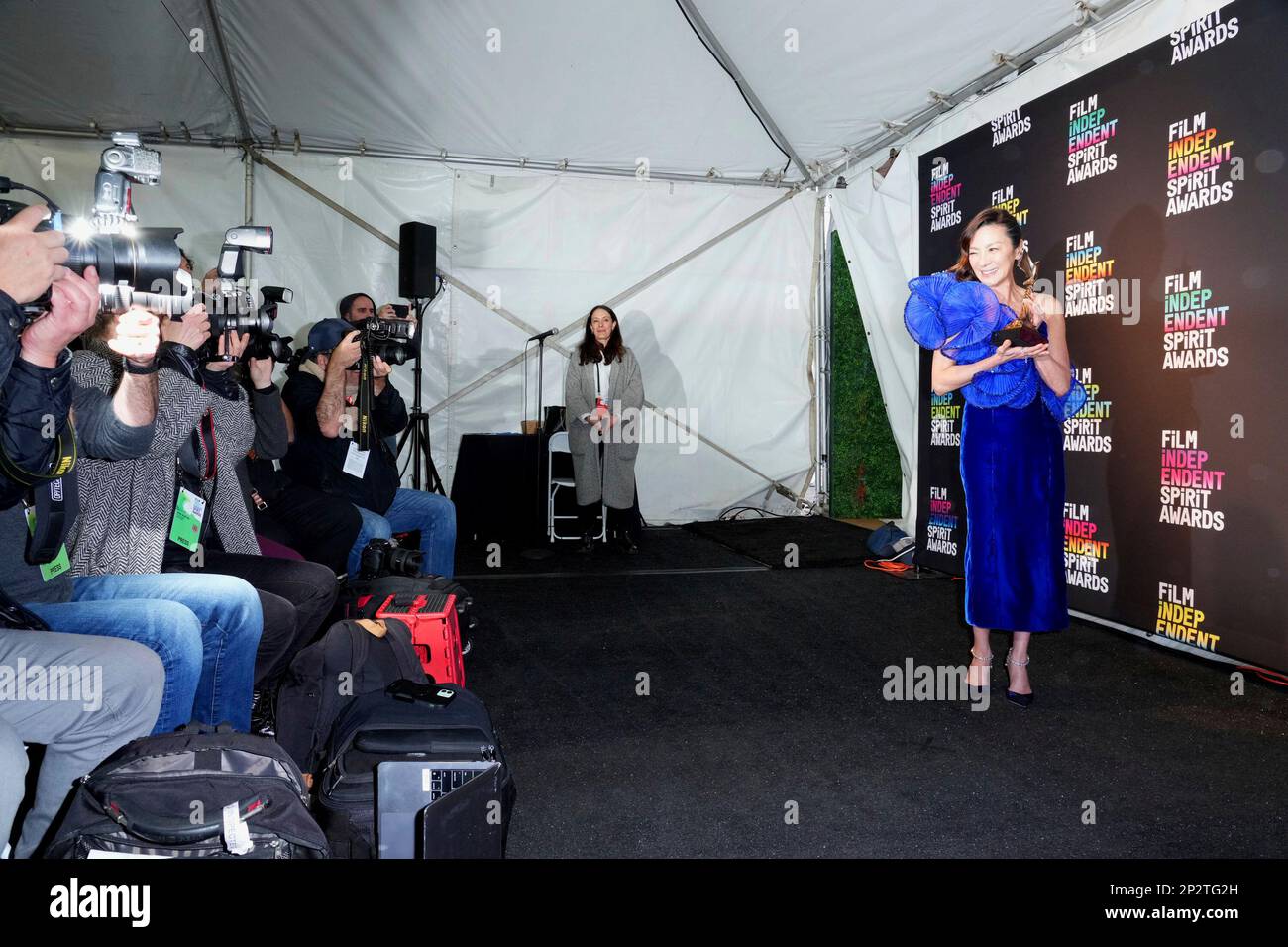 MIchelle Yeoh poses in the press room with the award for best lead ...