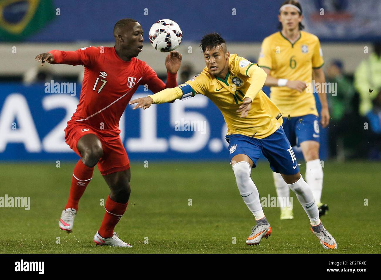 Brazil's Neymar, right, fights for the ball against Peru's Luis ...