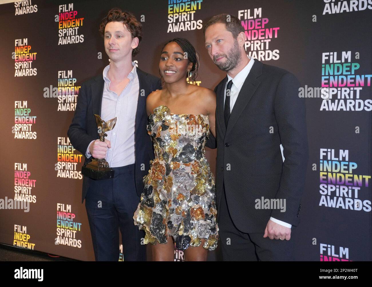 Cooper Wehde, from left, Ayo Edebiri and Ebon Moss-Bachrach pose in the ...