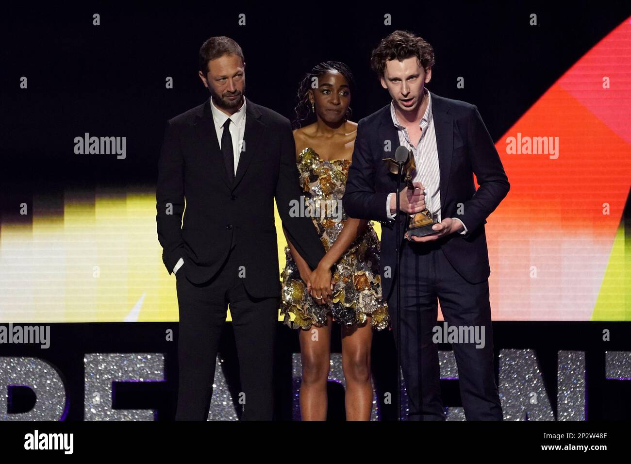 Ebon Moss-Bachrach, from left, Ayo Edebiri and Cooper Wehde accept the ...
