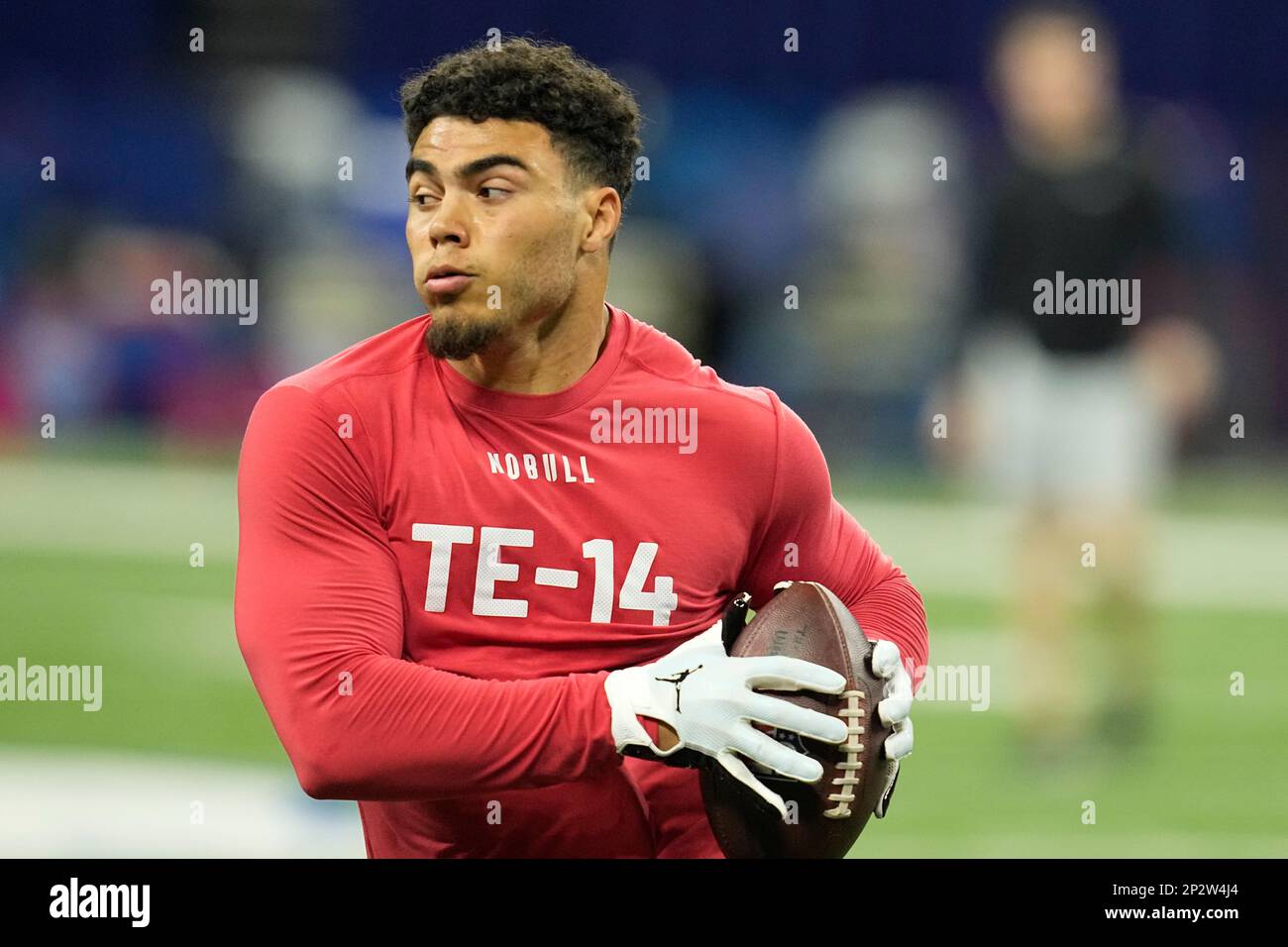 Penn State tight end Brenton Strange runs a drill at the NFL football ...