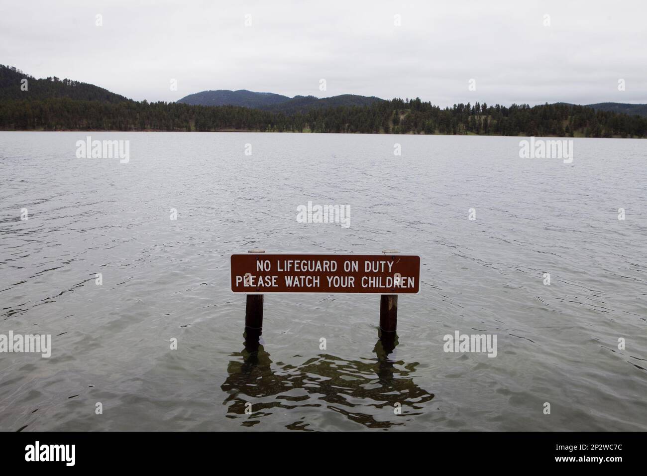 In a June, 4, 2015 photo, a no lifeguard on duty sign sticks above the ...