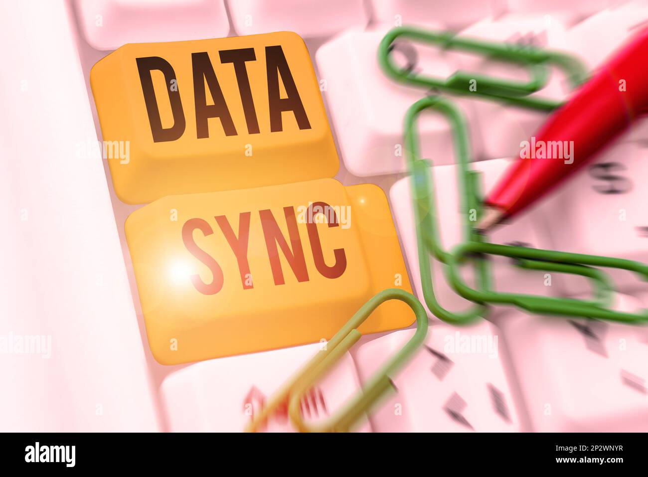 Hand writing sign Data Sync. Word Written on data that is continuously generated by different ...