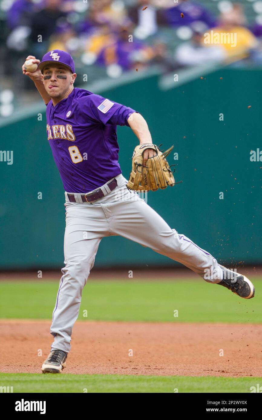 LSU Tigers shortstop Alex Bregman (8) prepares to make a running throw ...