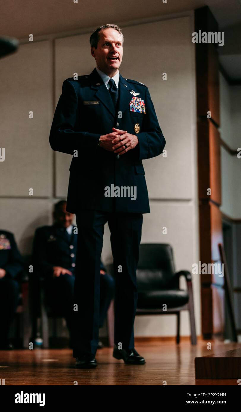 Lt. Col. Cade Keenan gives speech at a change of command ceremony at ...