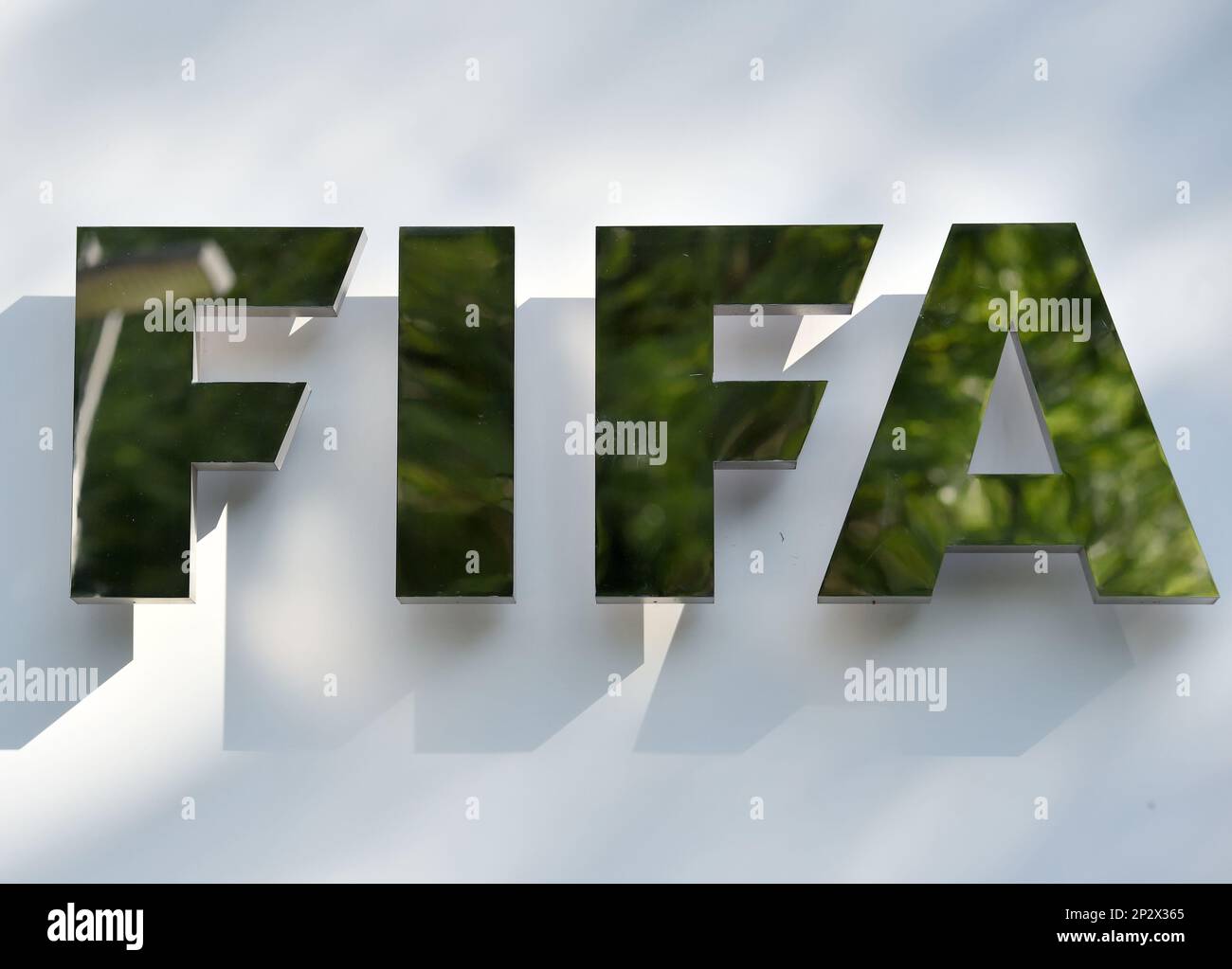 The FIFA logo is pictured prior to a press conference at the FIFA ...