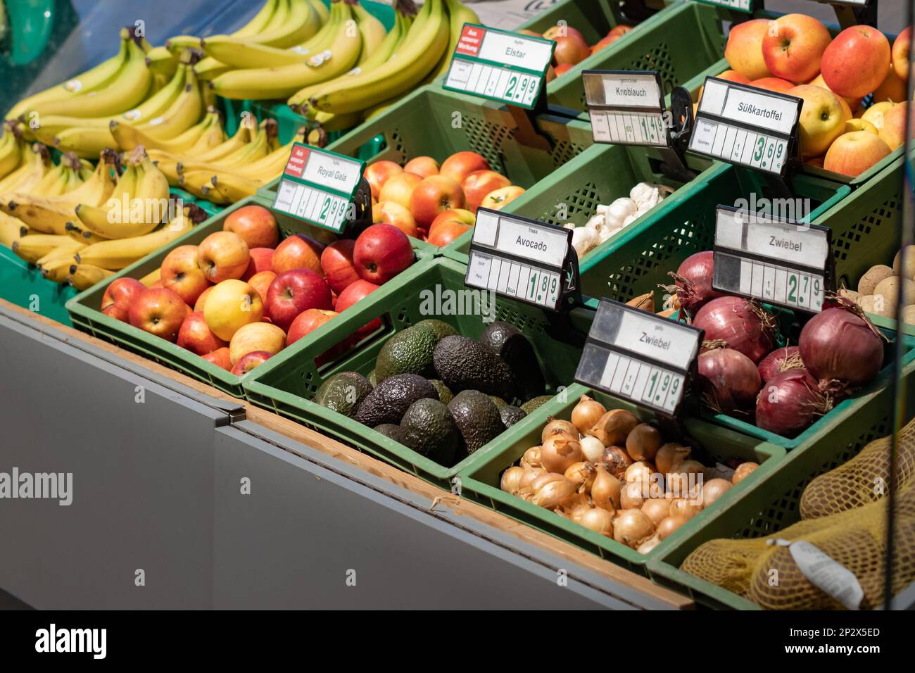 Avocado fruits in a supermarket. Hass variety produced in Peru and sold ...