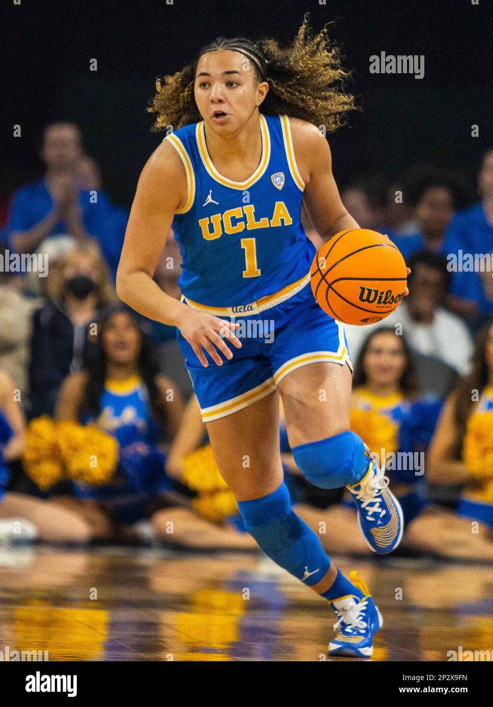 LasVegas, NV, USA. 03rd Mar, 2023. A. UCLA guard Kiki Rice (1)brings ...