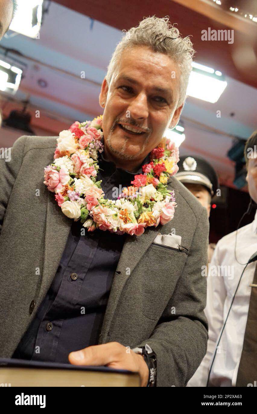 Retired Italian football star Roberto Baggio attends a fan meeting at ...