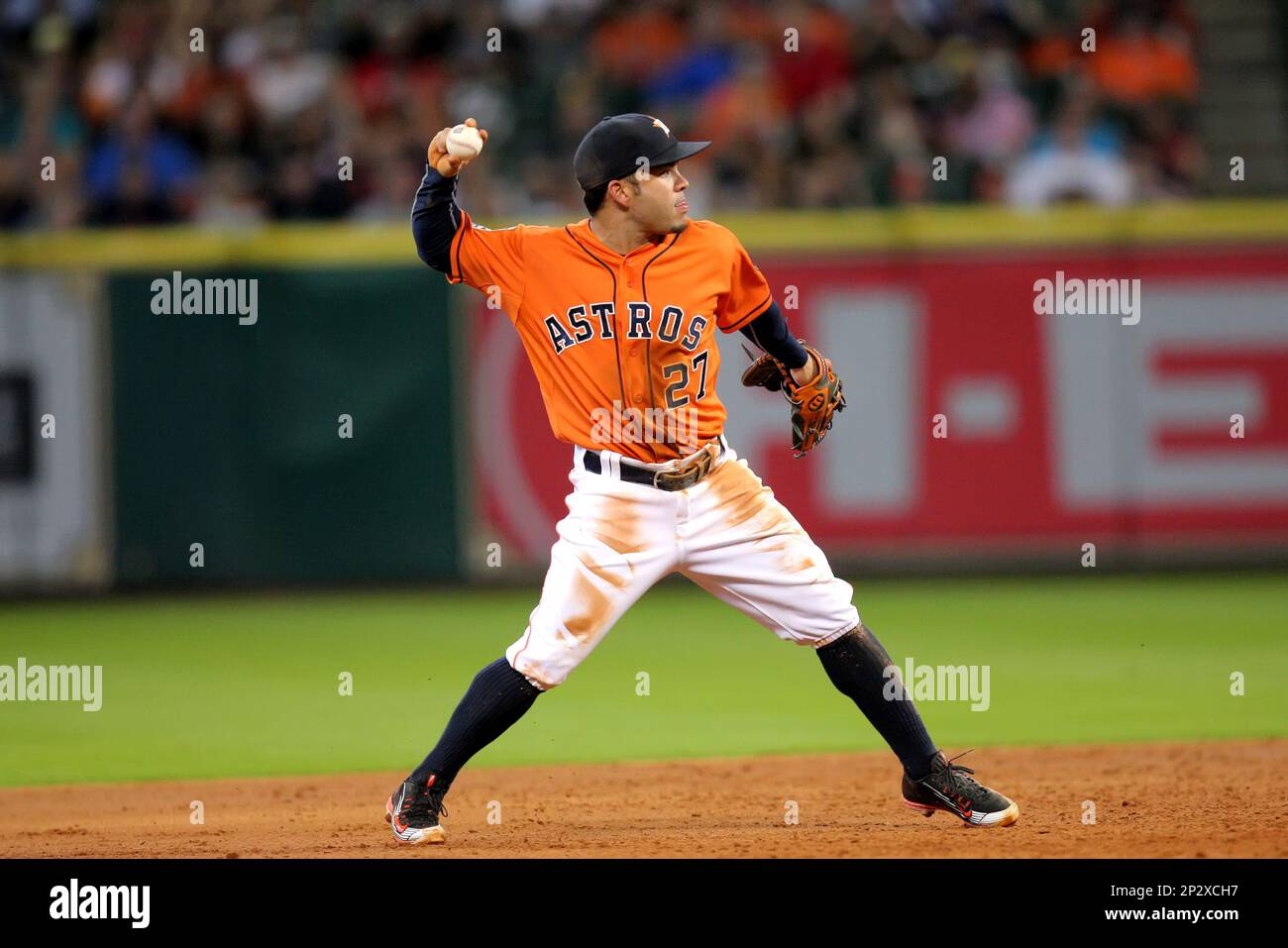MAY 29 2015: Houston Astros second baseman Jose Altuve #27 throws a fielded ball to first base ...