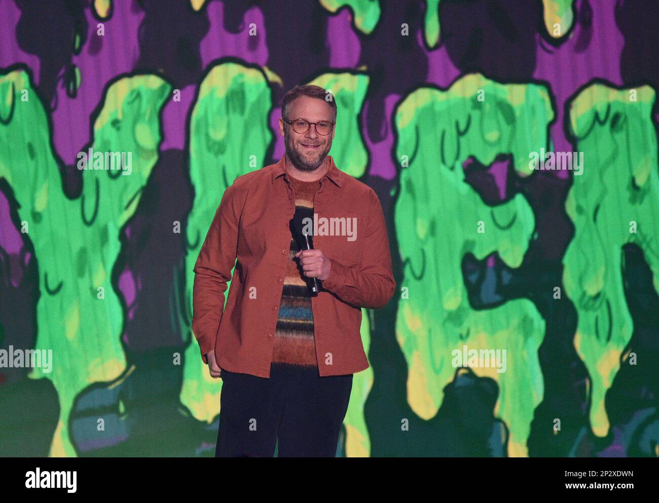 Seth Rogen speaks at the Nickelodeon Kids' Choice Awards on Saturday ...