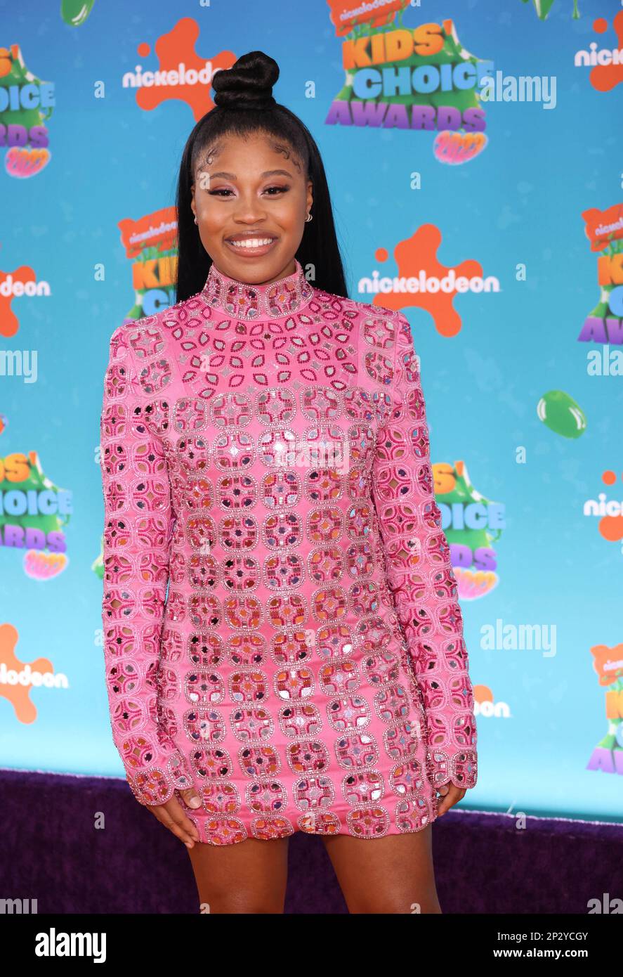 Dominique Fishback arrives at the Nickelodeon Kids' Choice Awards on Saturday, March 4, 2023, at ...