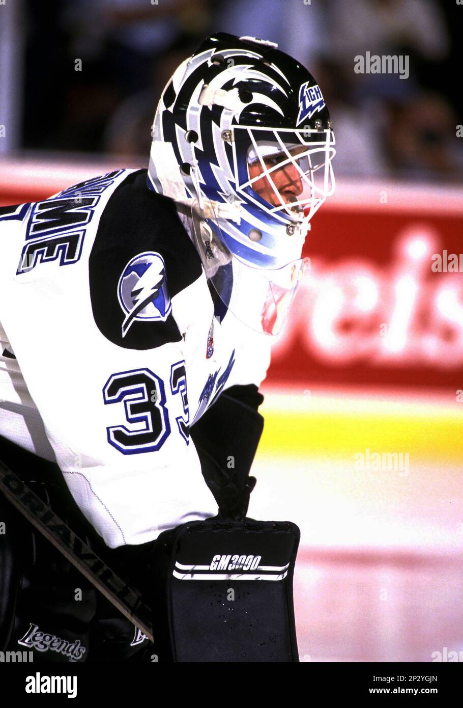 Goalie Manon Rheaume (33) of the Tampa Bay Lightning sets for play in ...