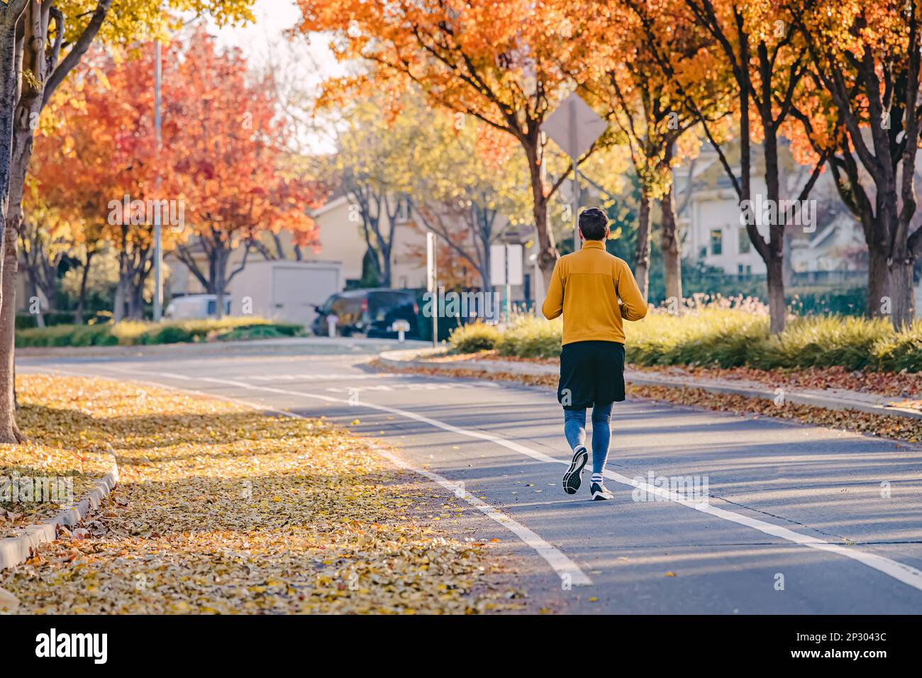 Man running on the quiet street with autumn trees on both sides and ...