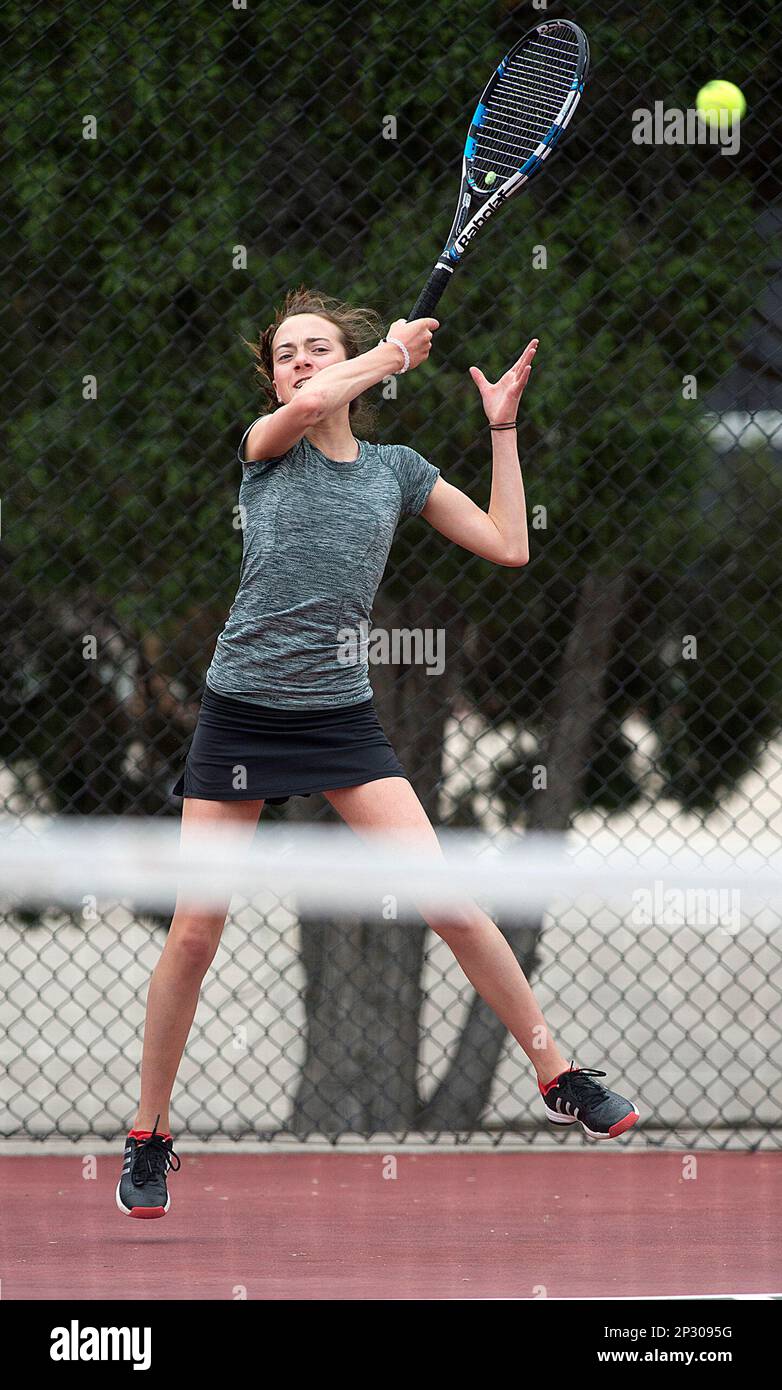 Tatum Burger, of Steamboat Springs, Colo., makes a return against Alex ...