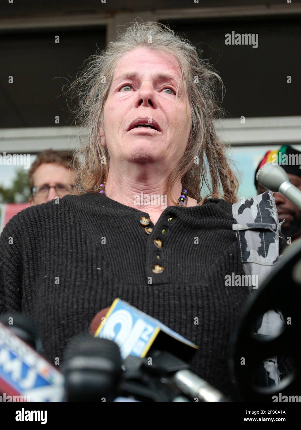 Sharon Irwin, grandmother of Tony Robinson, speaks during a press ...