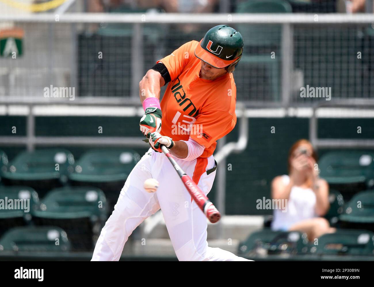 10 May 2015: University of Miami outfielder Willie Abreu (13) at bat ...