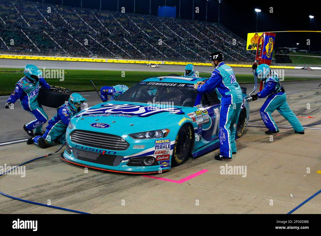 Ricky Stenhouse Jr. makes a pit stop during the NASCAR SpongeBob ...