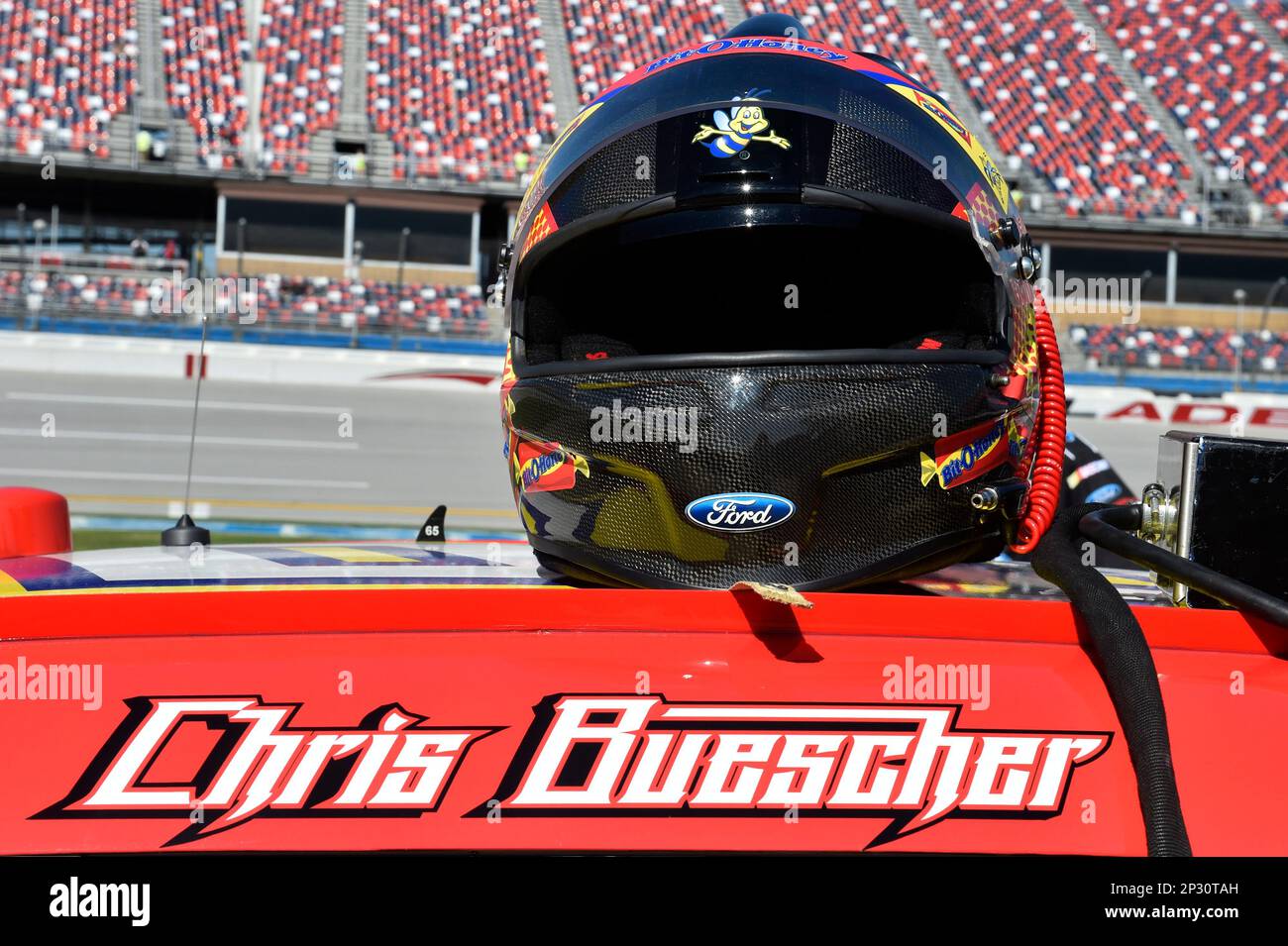 The helmet of Chris Buescher (60) sits on his car during qualifying for ...