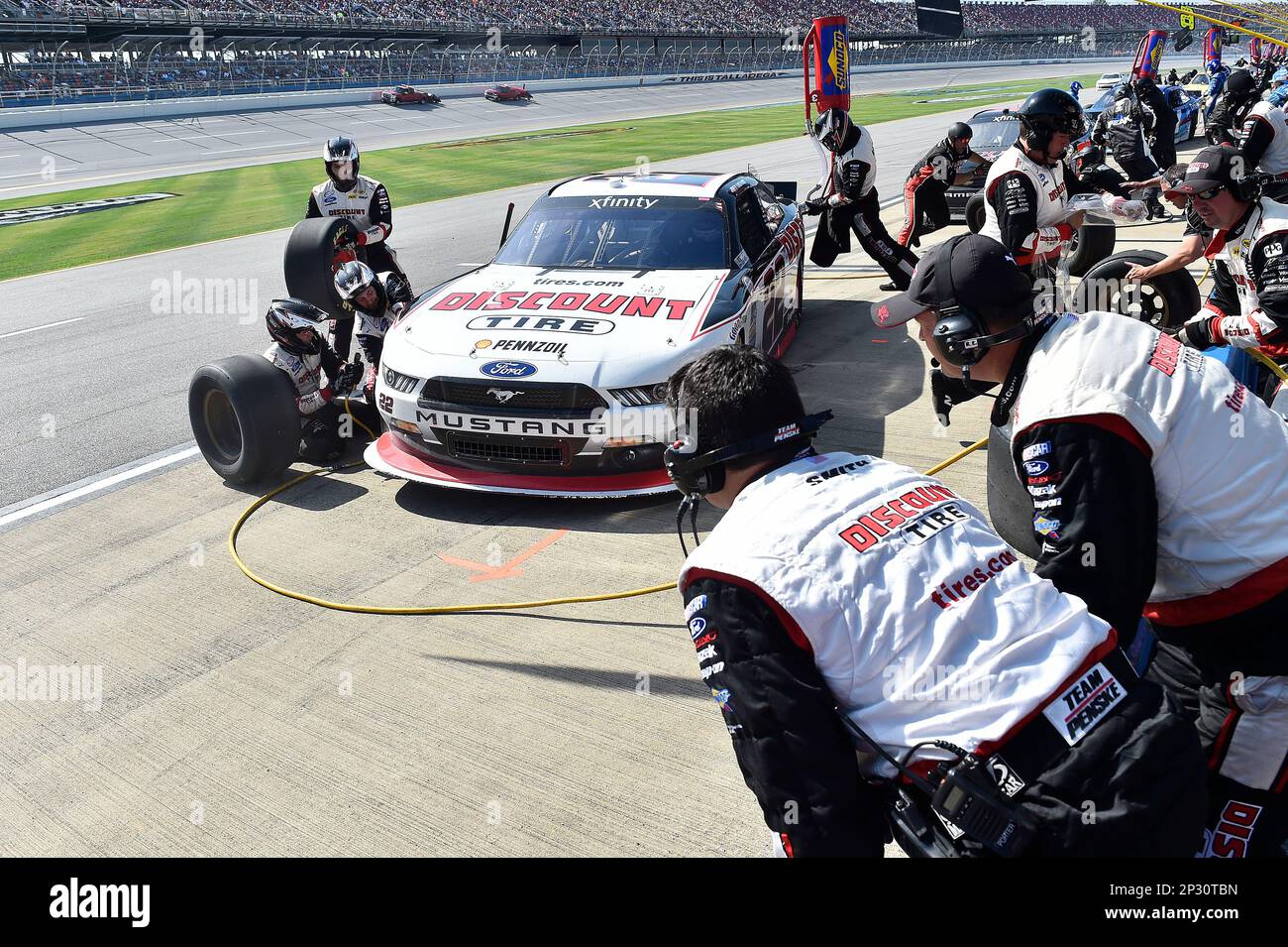 Joey Logano (22) makes a pit stop during the NASCAR Xfinity Series Winn ...