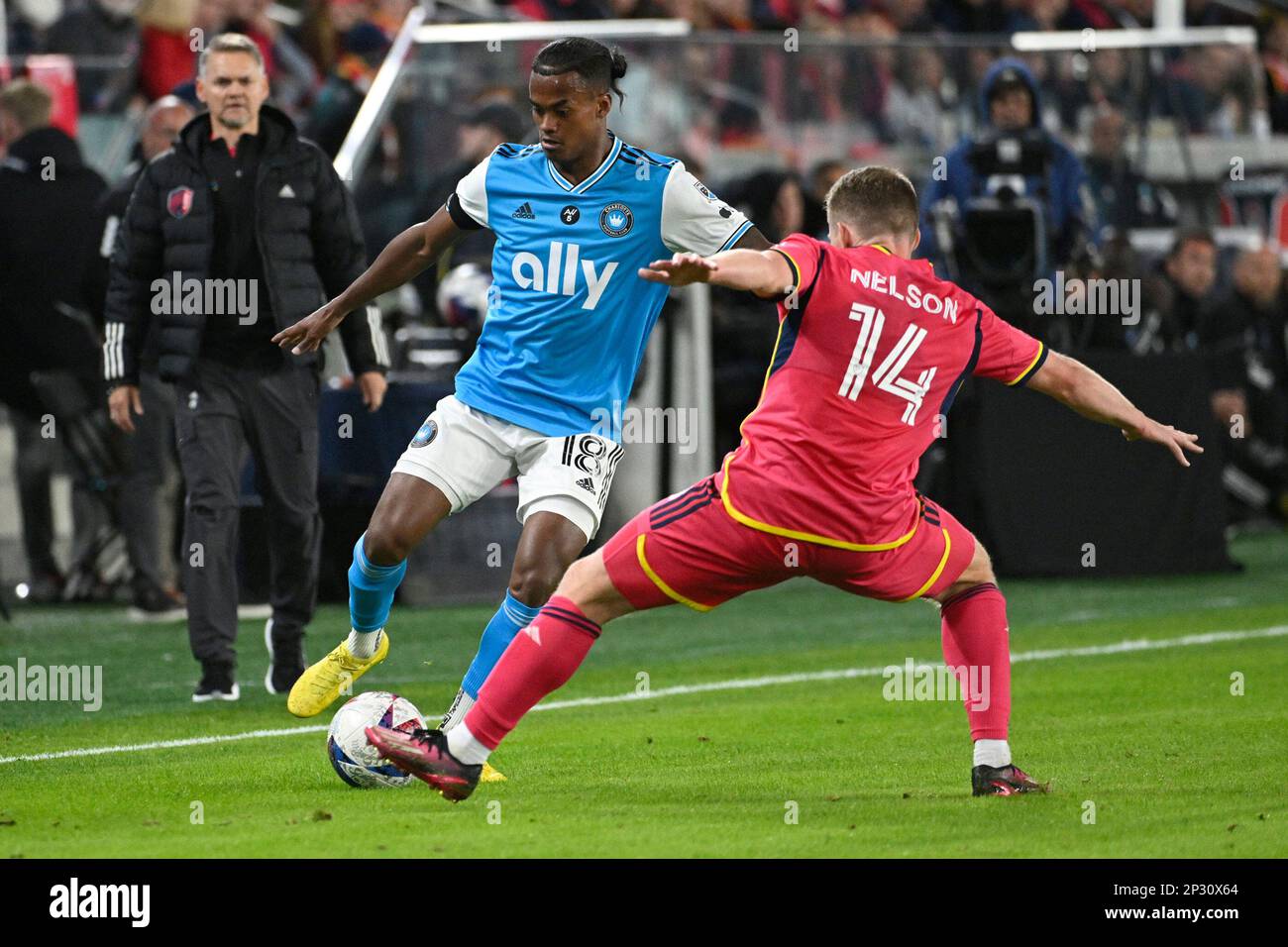 St. Louis City SC defender John Nelson (14) defends against Charlotte ...