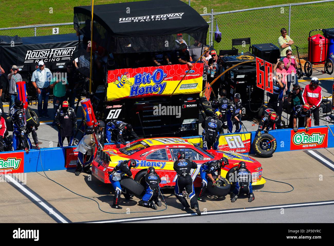 Chris Buescher makes a pit stop during the NASCAR Xfinity Series Winn ...