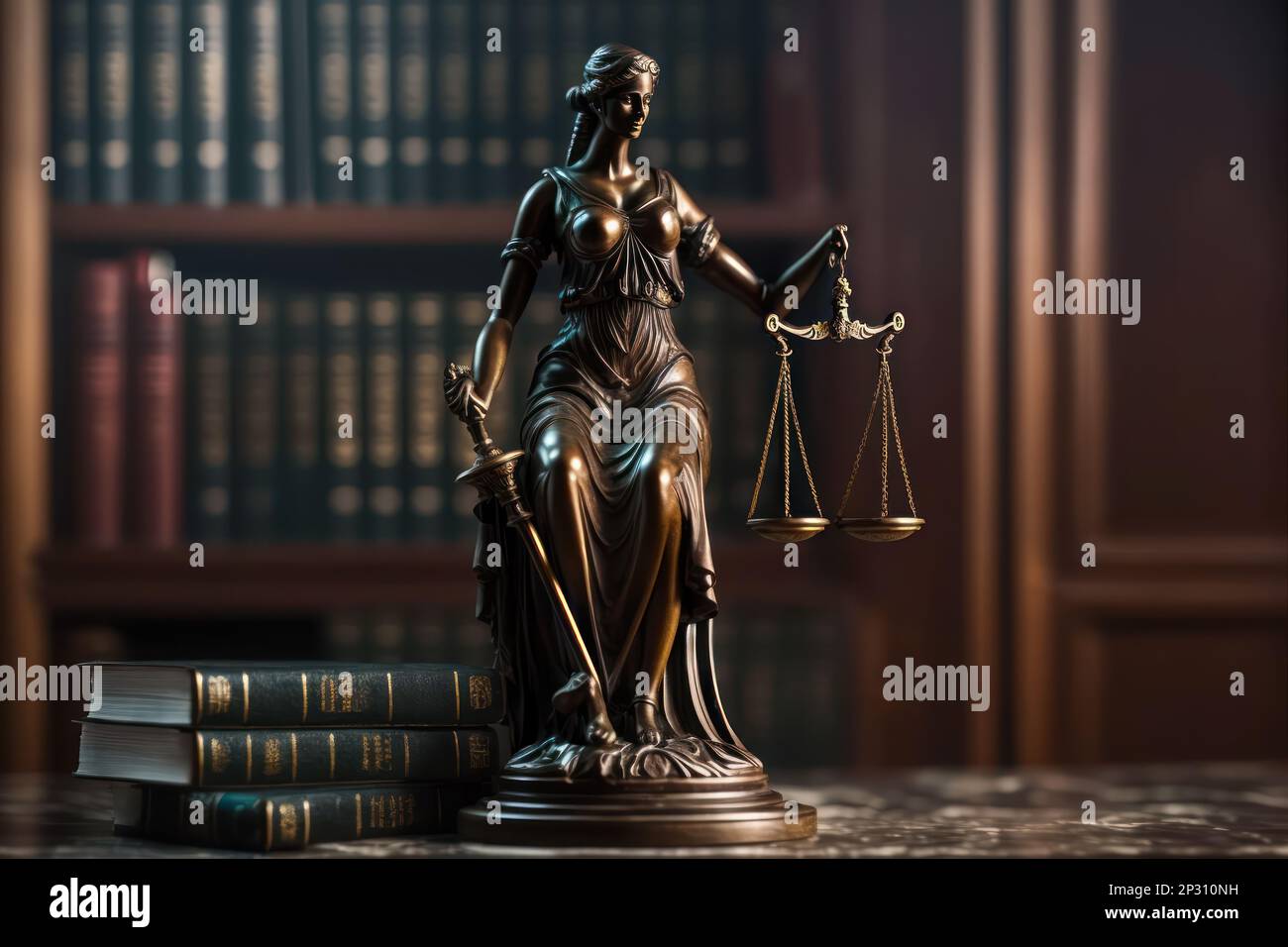 A statue of the Greek goddess of justice Themis sways on the table with ...