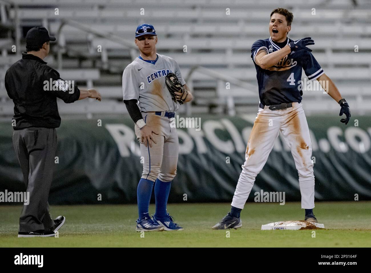 Butler infielder Carter Dorighi (4) reacts after beating the throw to ...