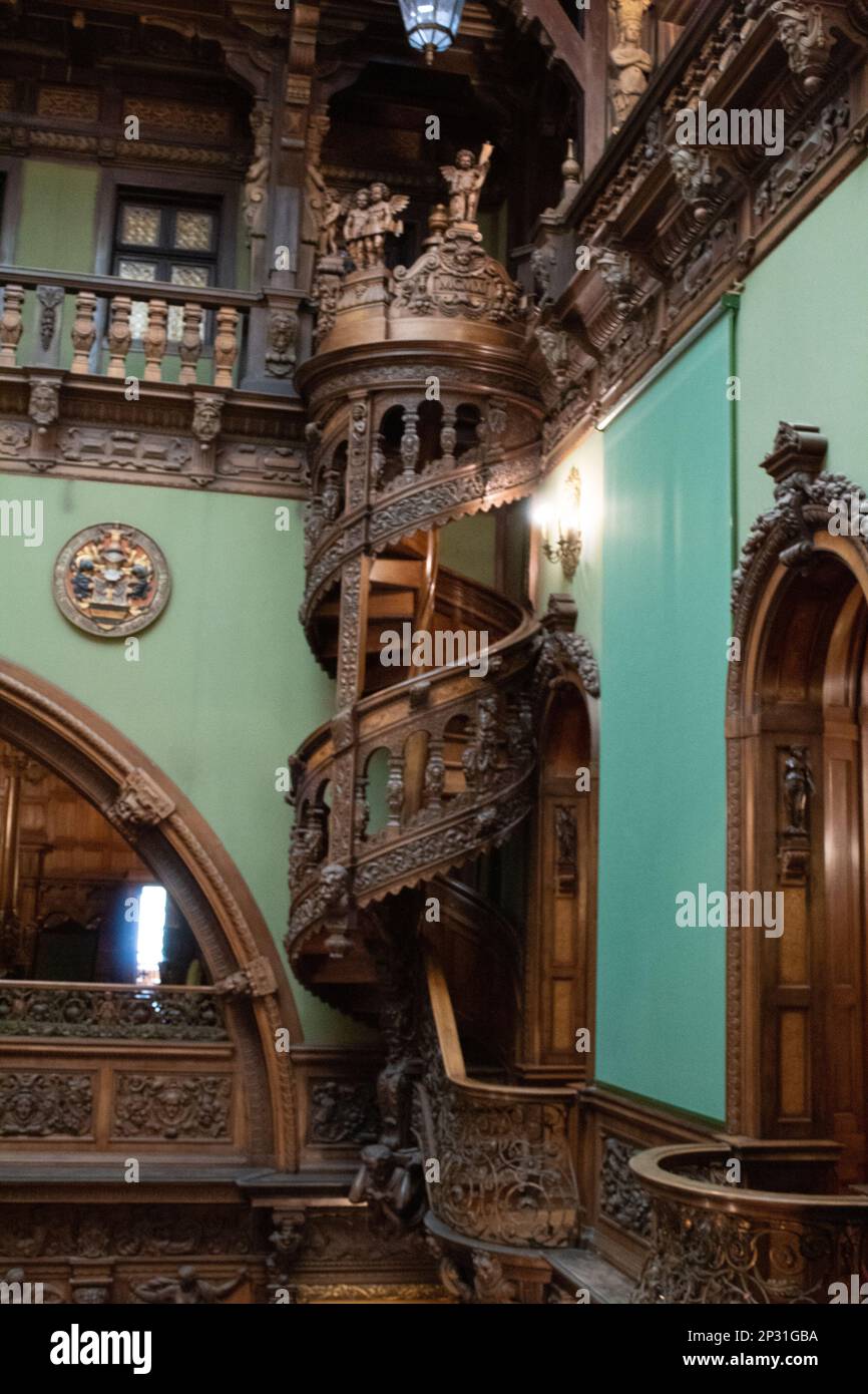 The Spiral Staircase inside Peleș Castle in Sinaia, Romania Stock Photo ...