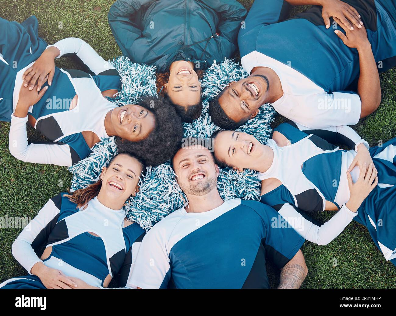 Relax, cheerleader and sports with people on field for training ...