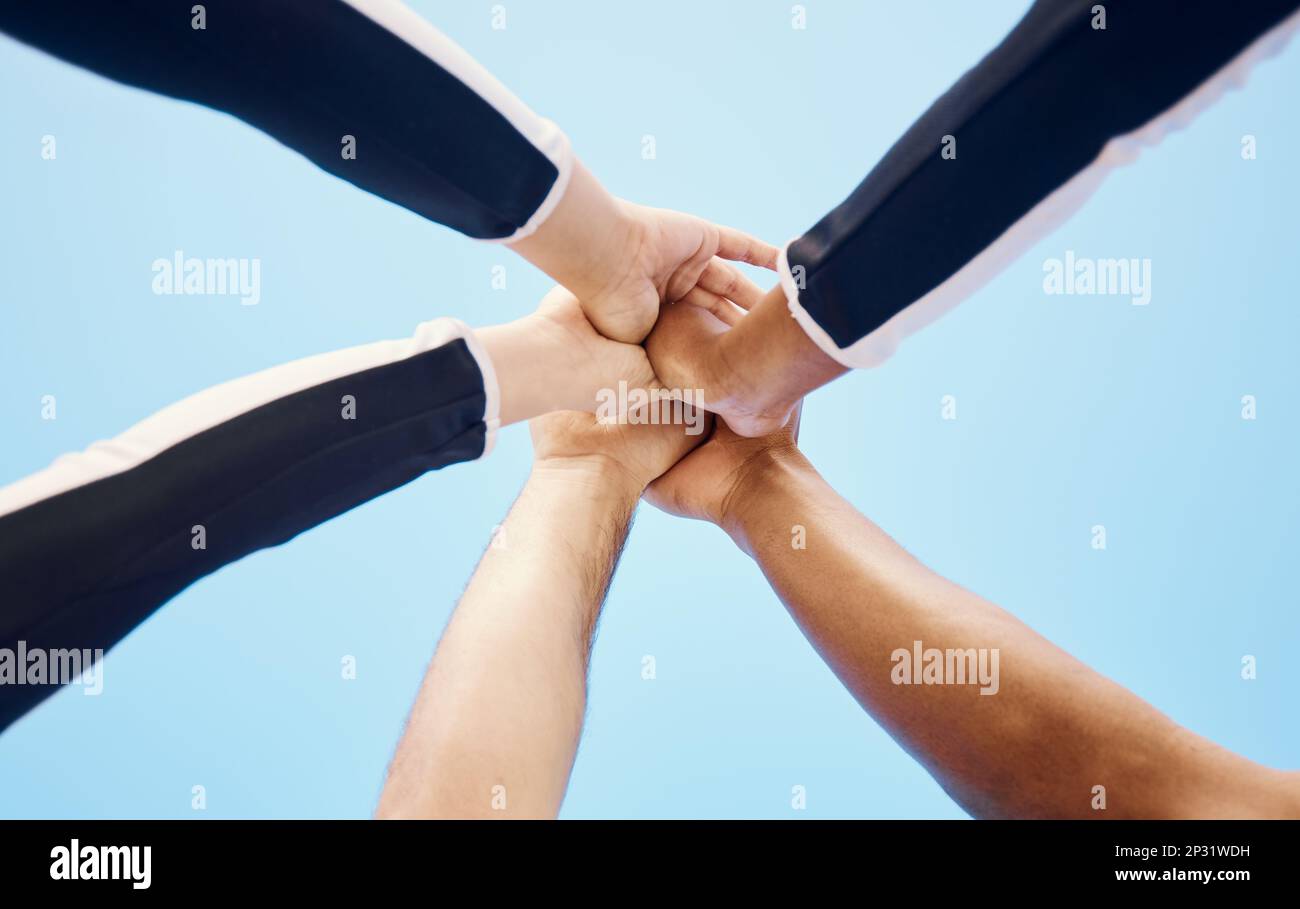 Cheerleaders, sports motivation or hands in huddle with support, hope ...