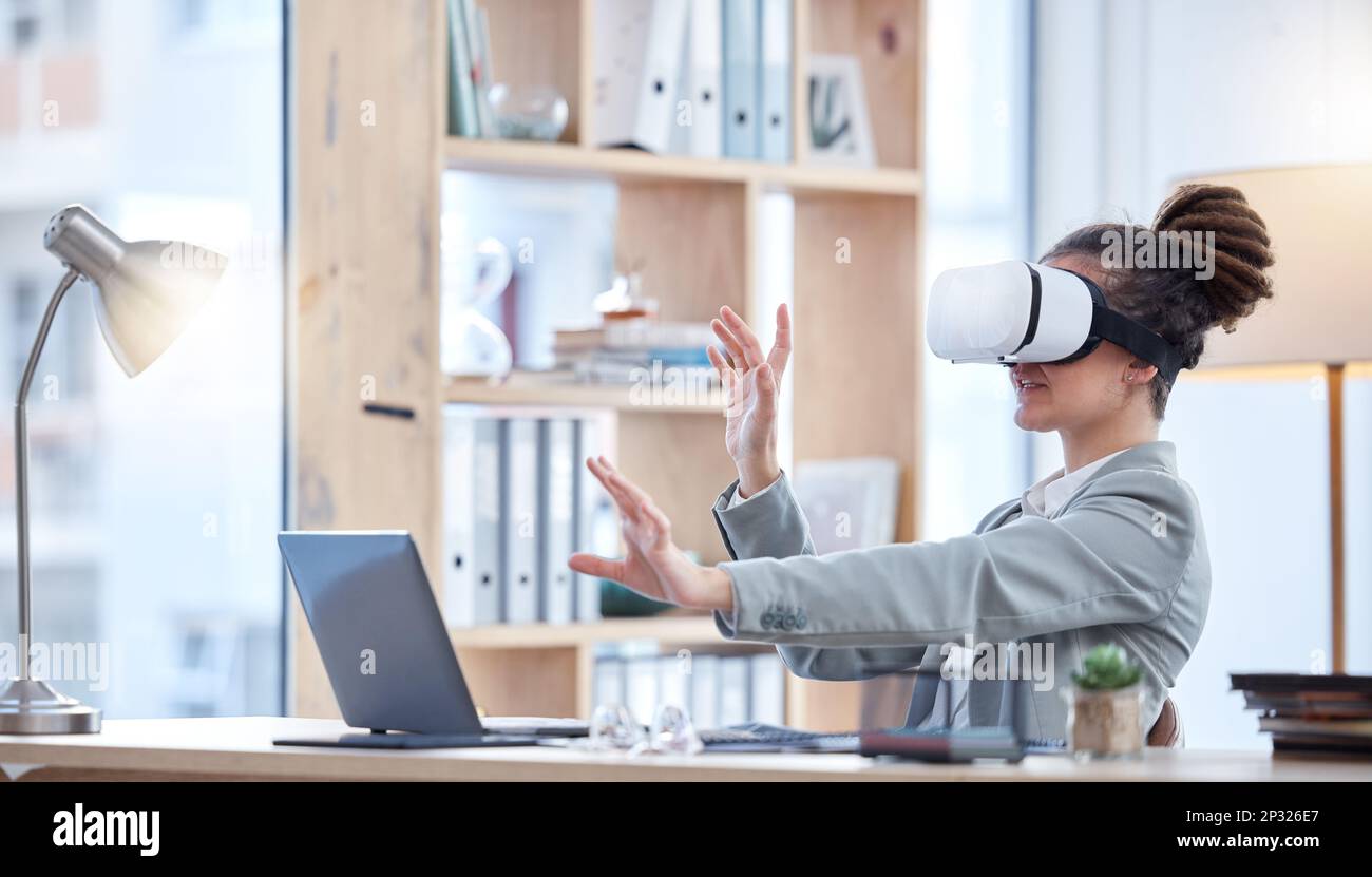 VR, laptop and woman in office interaction, futuristic software and ...