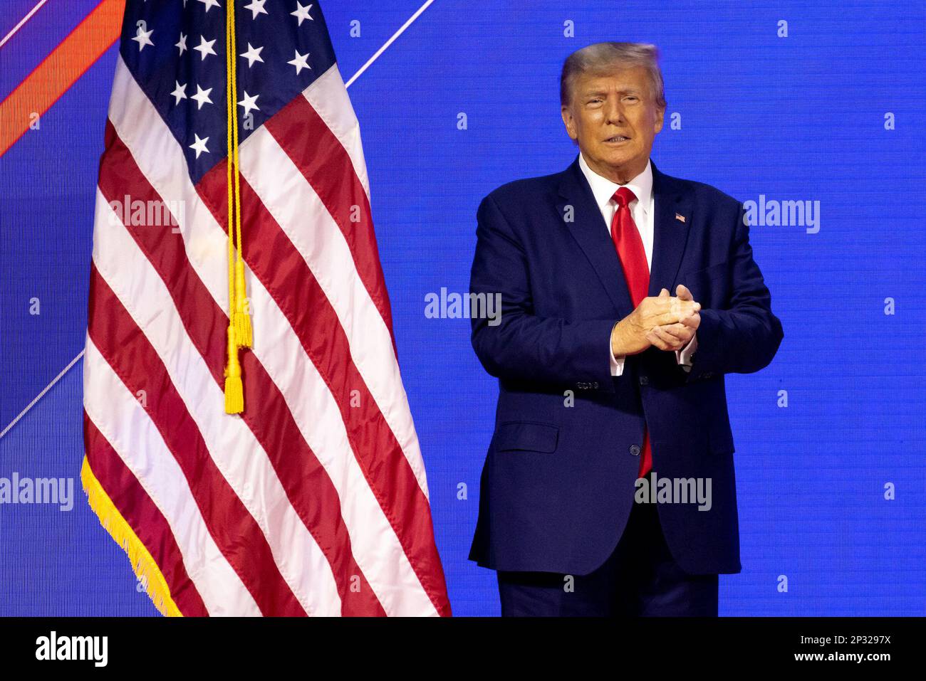 Former US President Donald J. Trump speaks at the 2023 Conservative ...