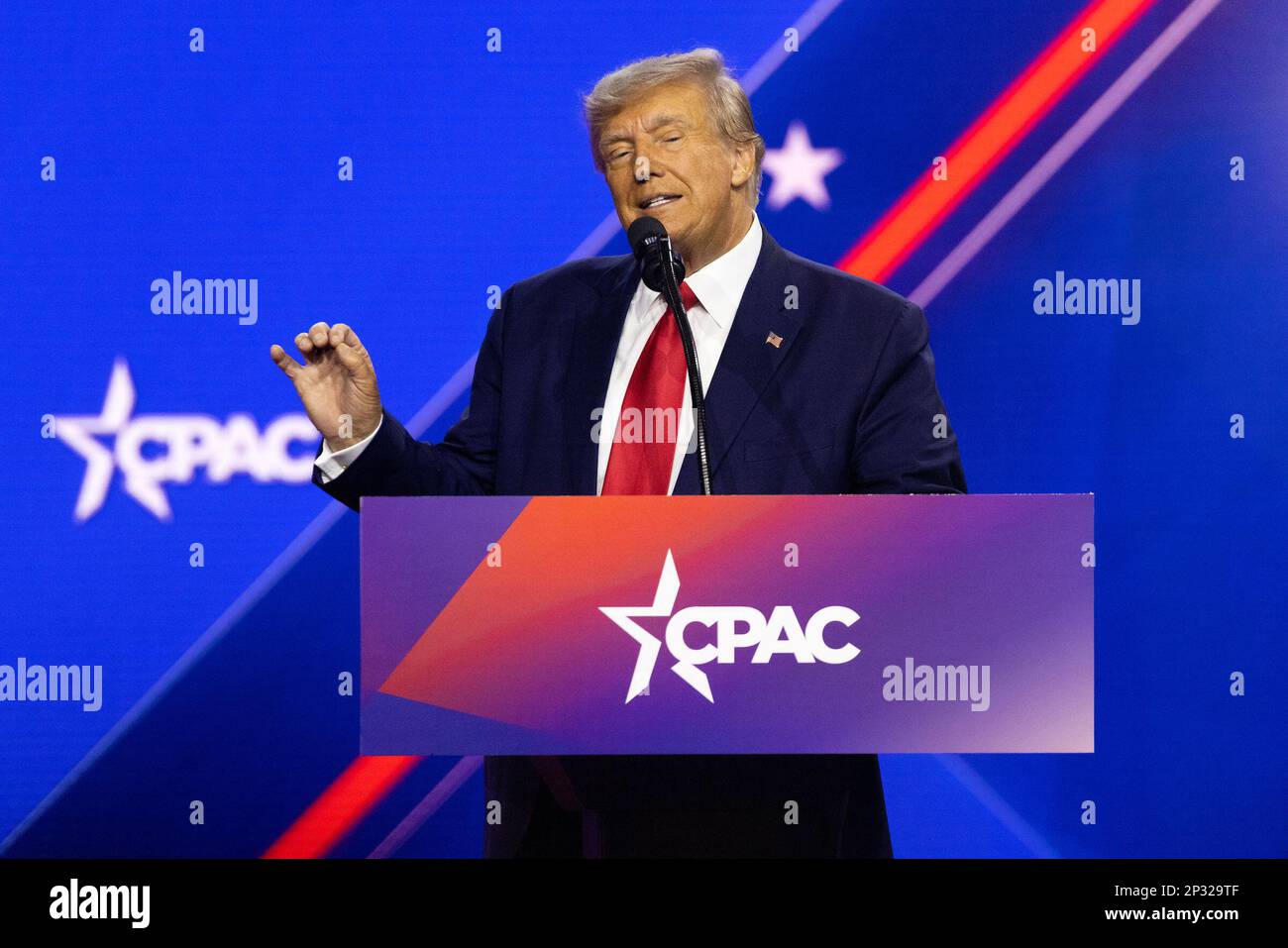 Former US President Donald J. Trump speaks at the 2023 Conservative ...