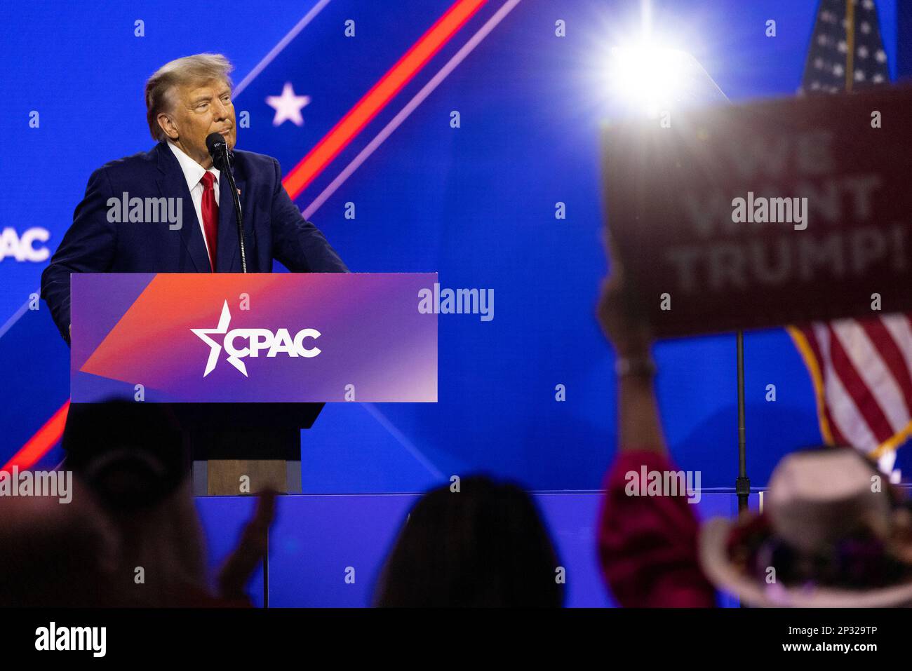 Former US President Donald J. Trump speaks at the 2023 Conservative ...
