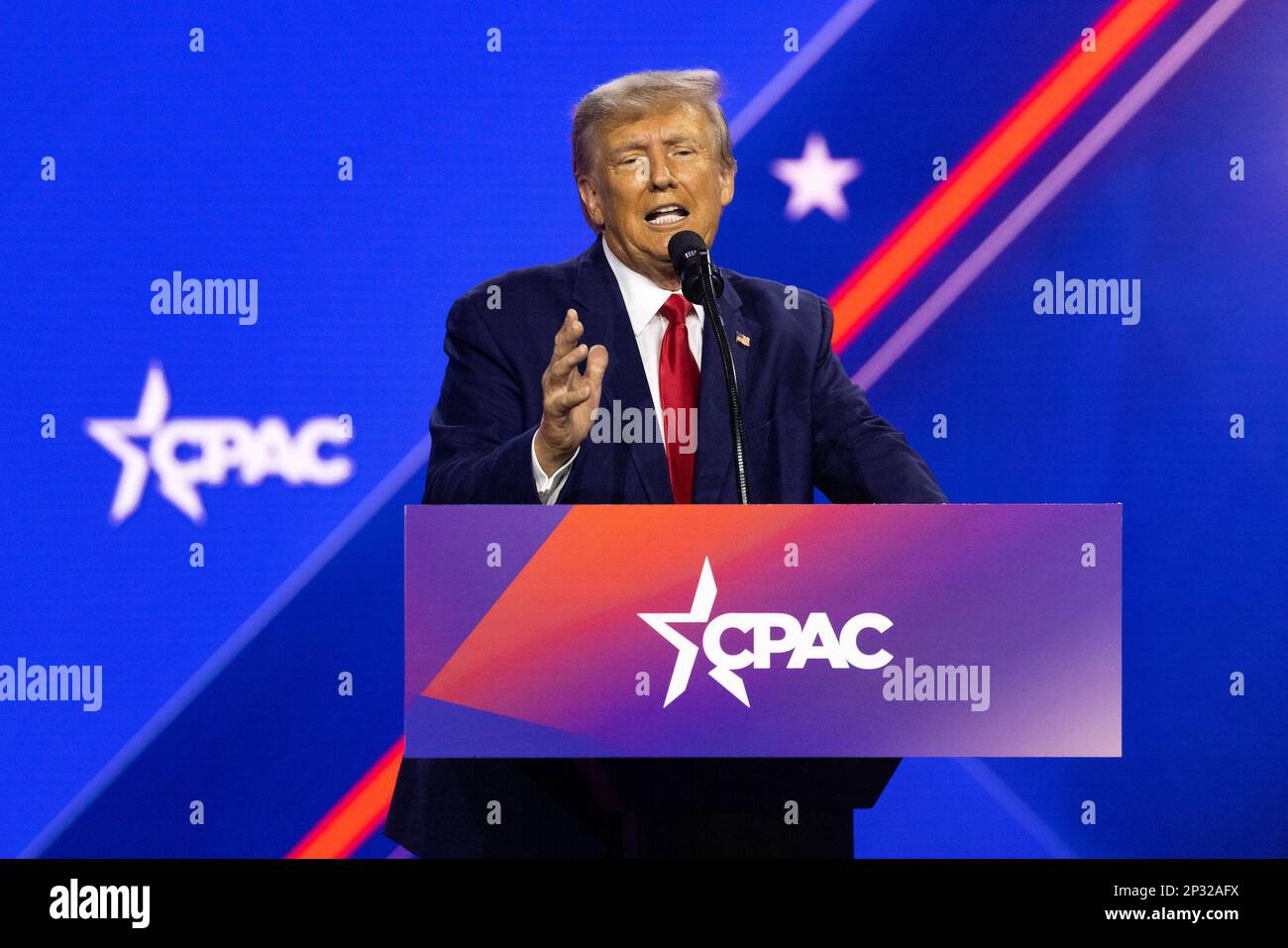 Former US President Donald J. Trump speaks at the 2023 Conservative ...