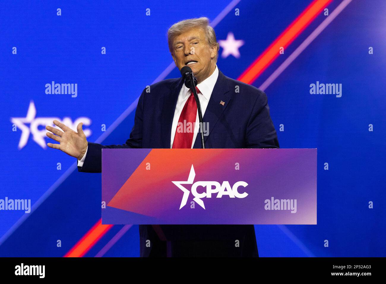 Former US President Donald J. Trump speaks at the 2023 Conservative ...