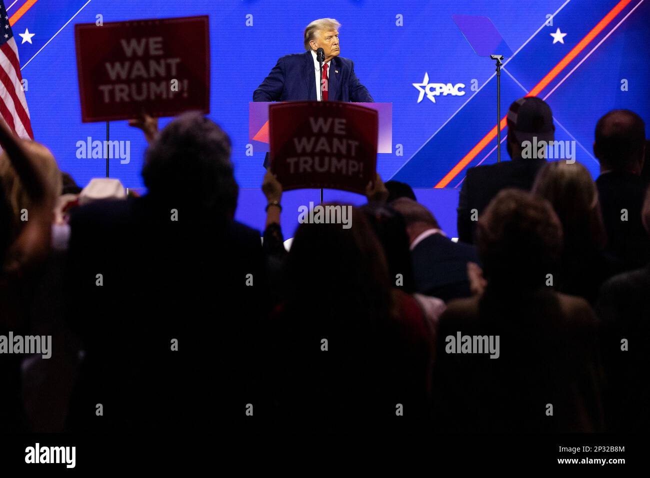 Former US President Donald J. Trump speaks at the 2023 Conservative ...