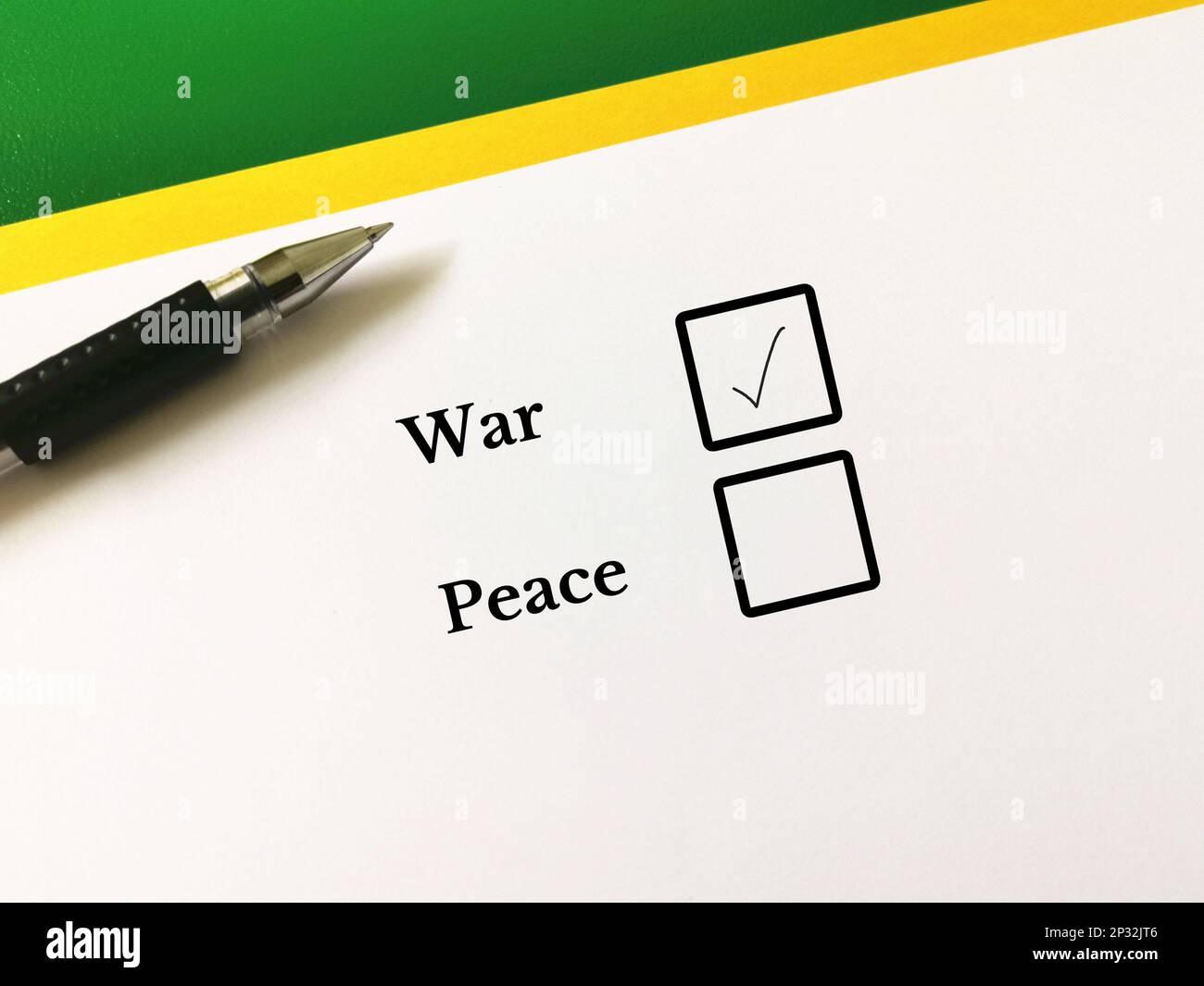 One person is answering question. He chooses war Stock Photo - Alamy