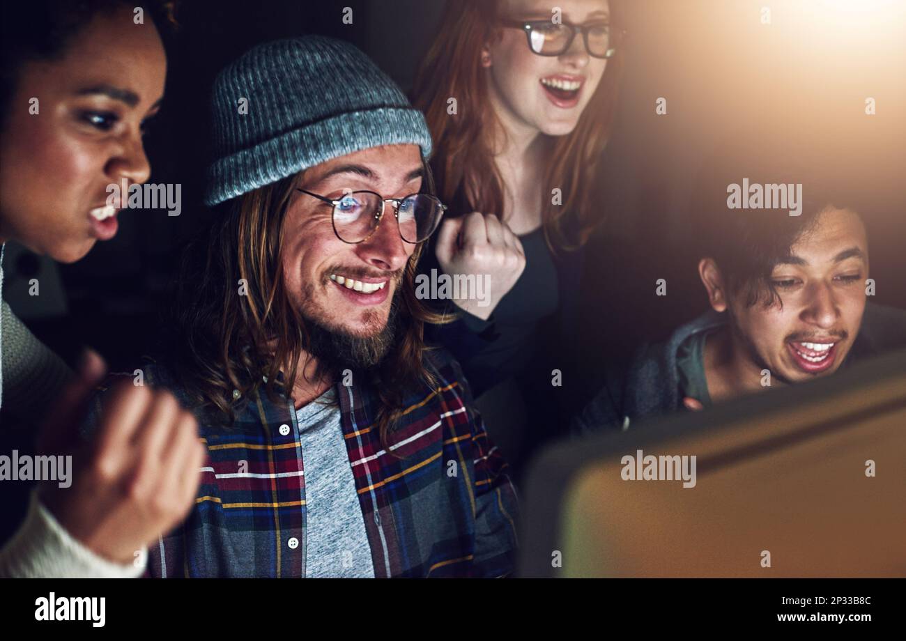 Computer, cheers and night team celebrate programming ERP software, cybersecurity success or ...