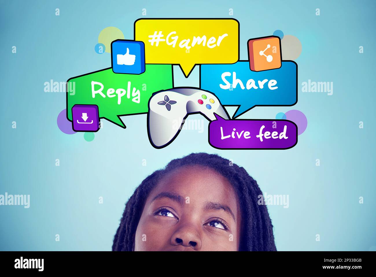Boy gamer, speech bubble or gaming app icons for social media, online ...