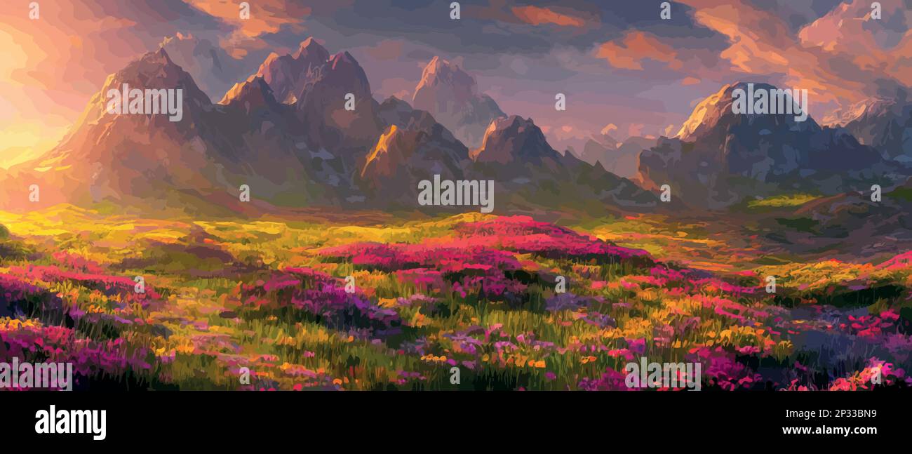 Panorama View of Spring Village with Green Meadow on Hills with Blue ...